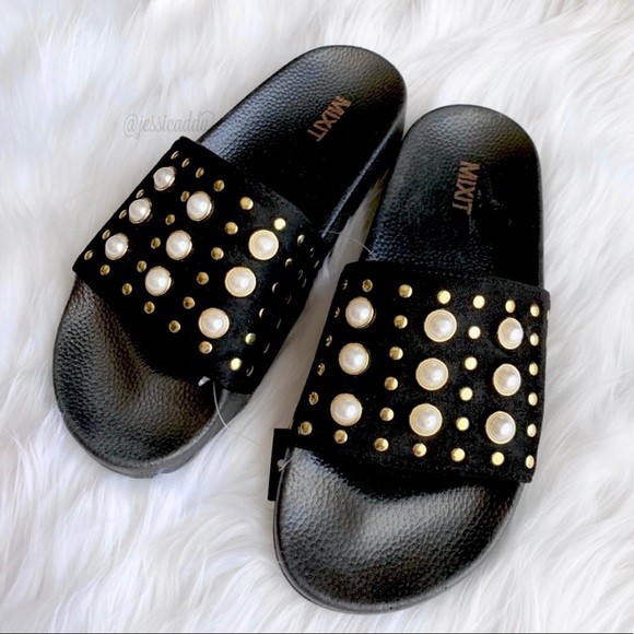 Mixit | Shoes | Black And Gold Pearl Slides | Poshmark